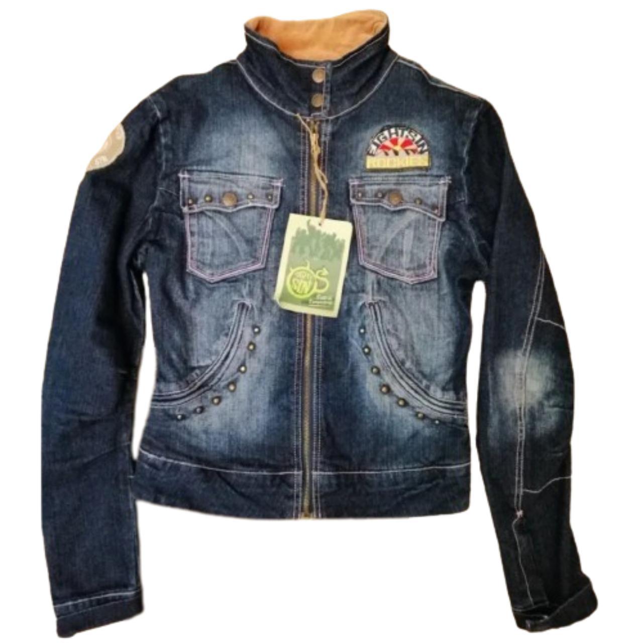 Blue denim y2k jacket zip up amazing design sz S new... - Depop