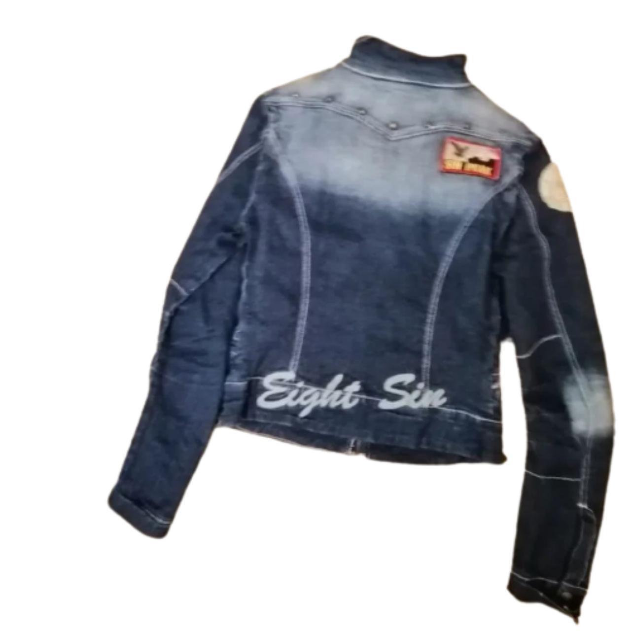 Blue denim y2k jacket zip up amazing design sz S new... - Depop