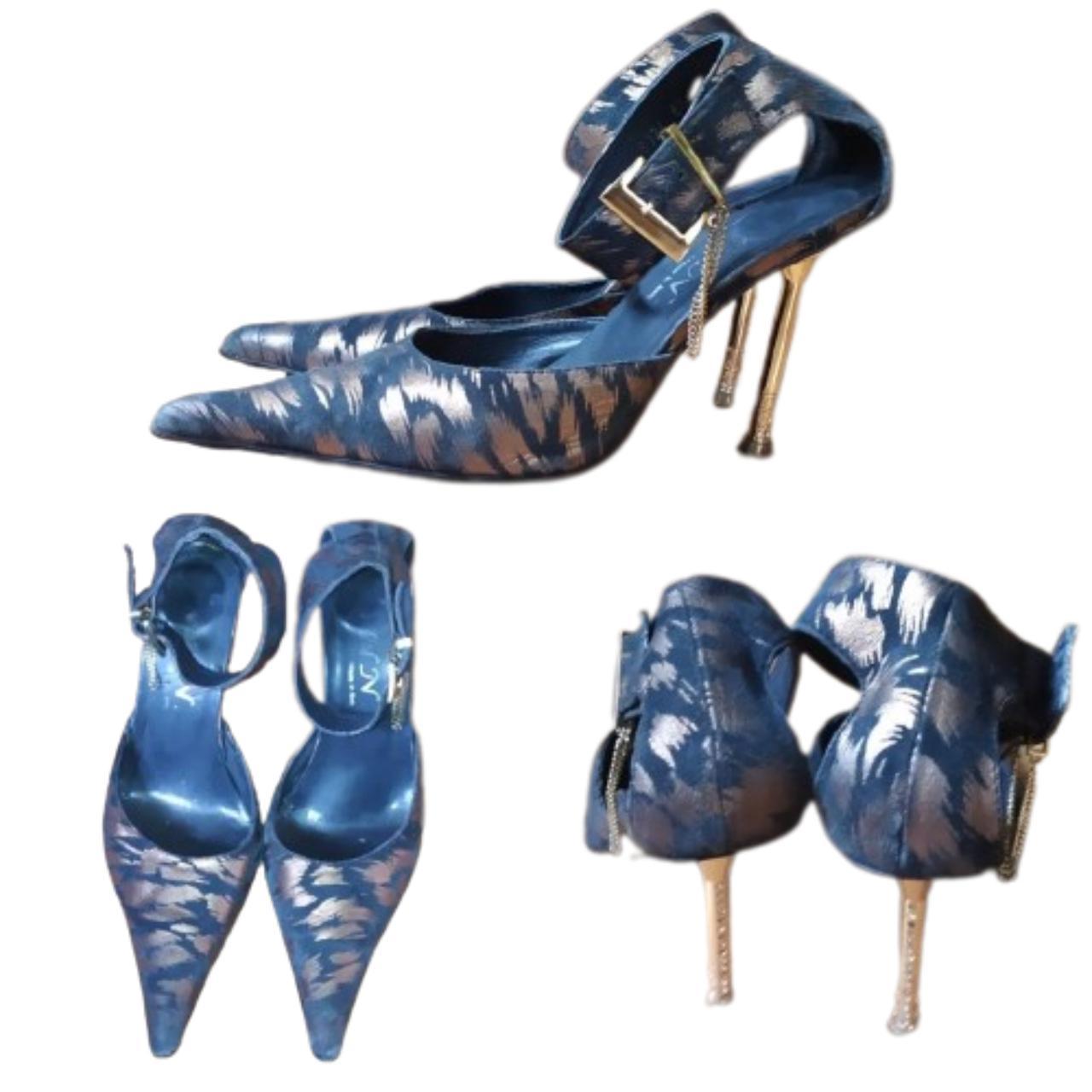 y2k casual silver blue metal heels suede fits for sz... - Depop