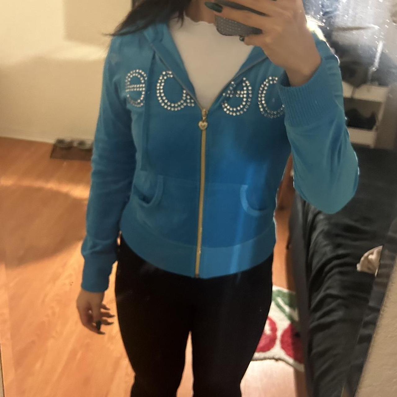 Bebe blue zip up with gold heart detailing on zipper... - Depop