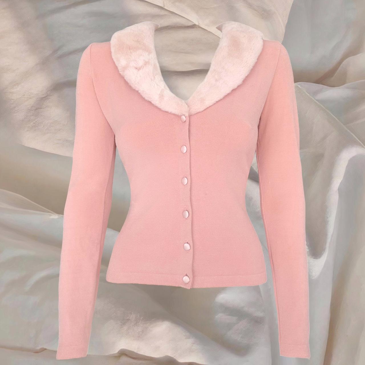 Blumarine Pink Cardigan Fur Collar Coquette... - Depop