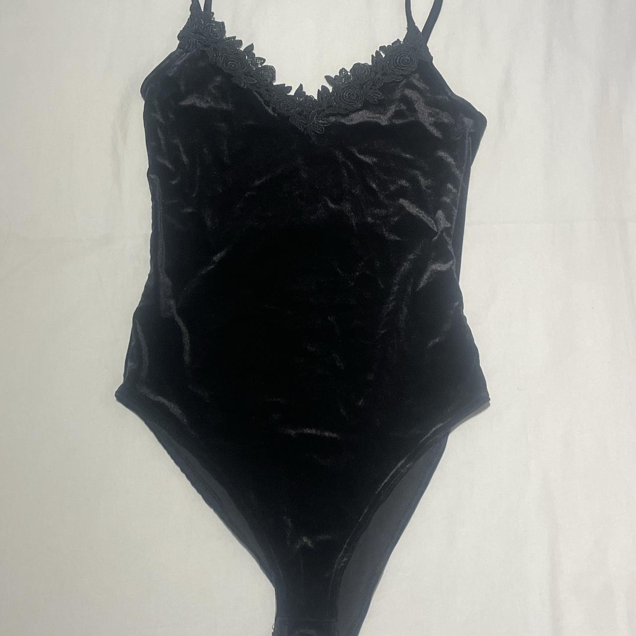 Black velvet bodysuit with lace detailing... - Depop