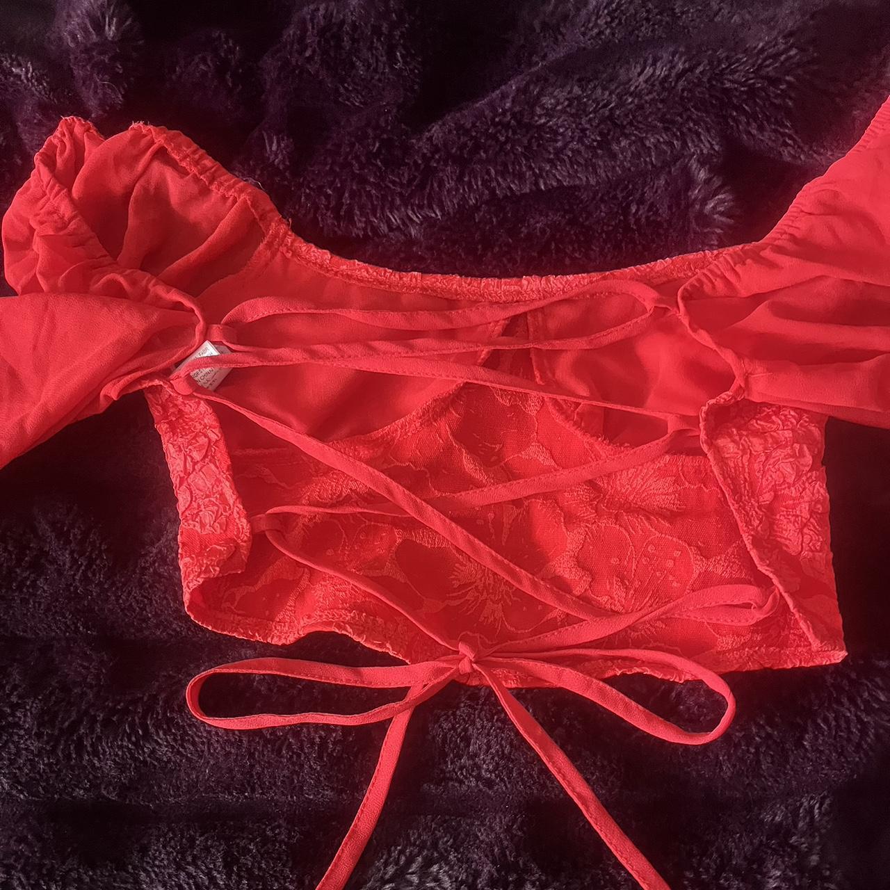 red lace up corset top, long sleeve, only worn once - Depop