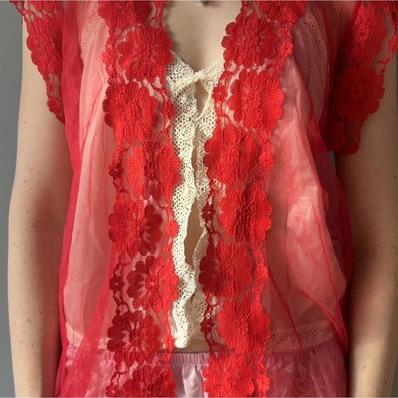 🍓Vintage red lace open front blouse 🍓Marked medium.... - Depop