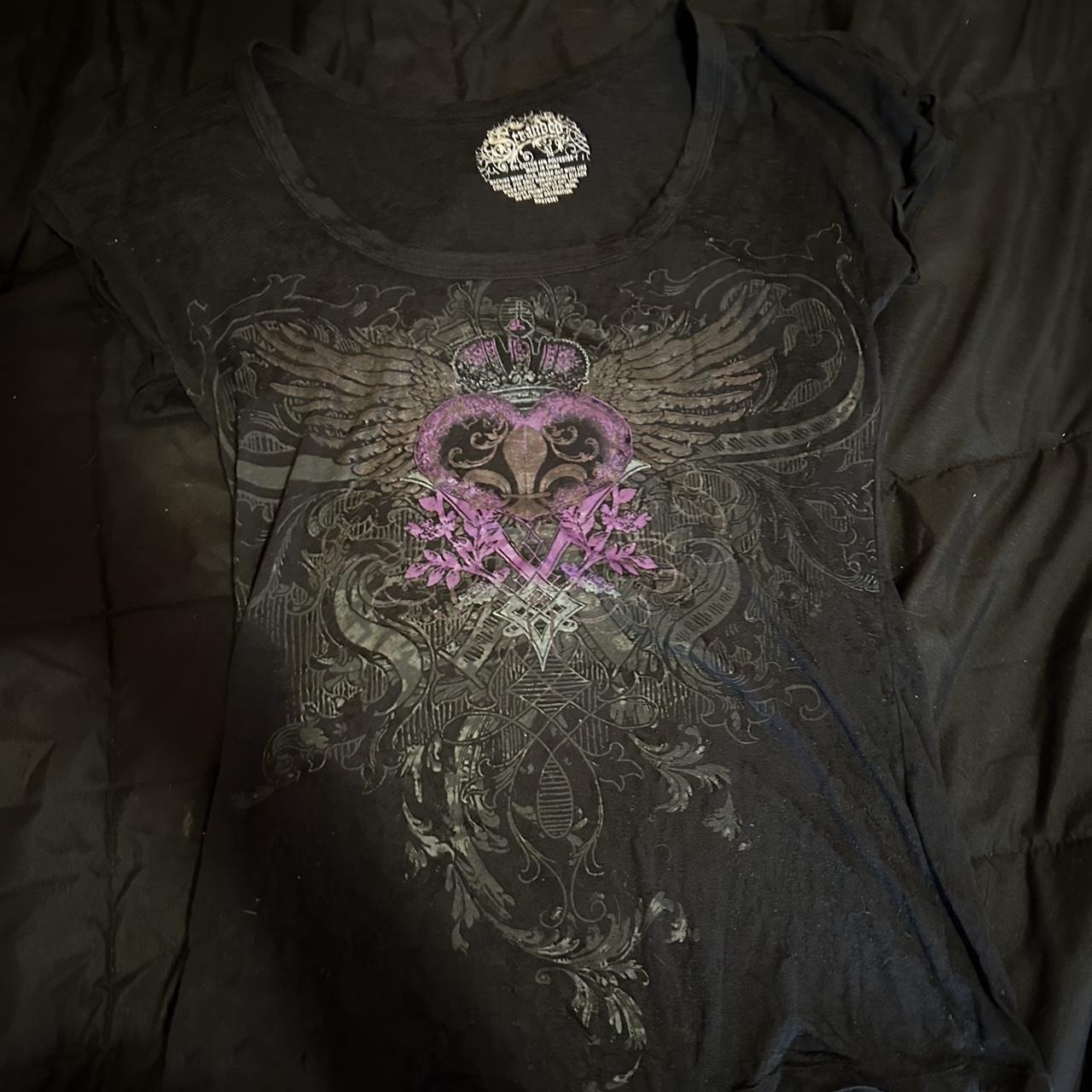 medium/large women’s black patterned top partially... - Depop