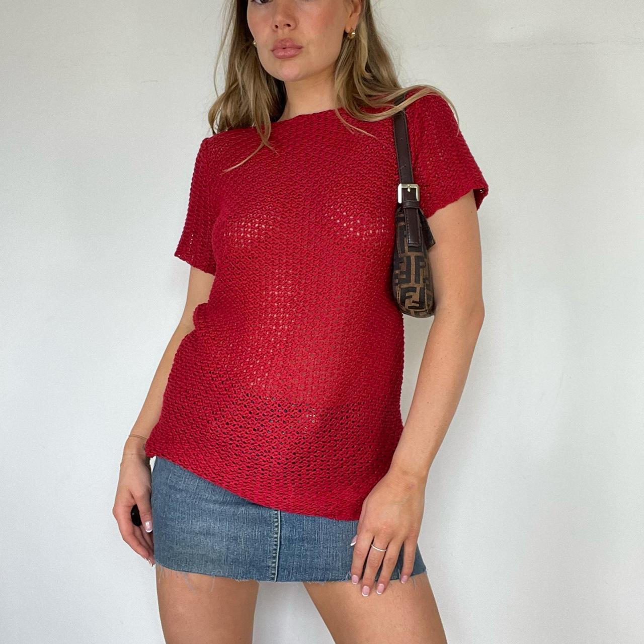 Vintage knit top 00s crochet knit red top, low... - Depop