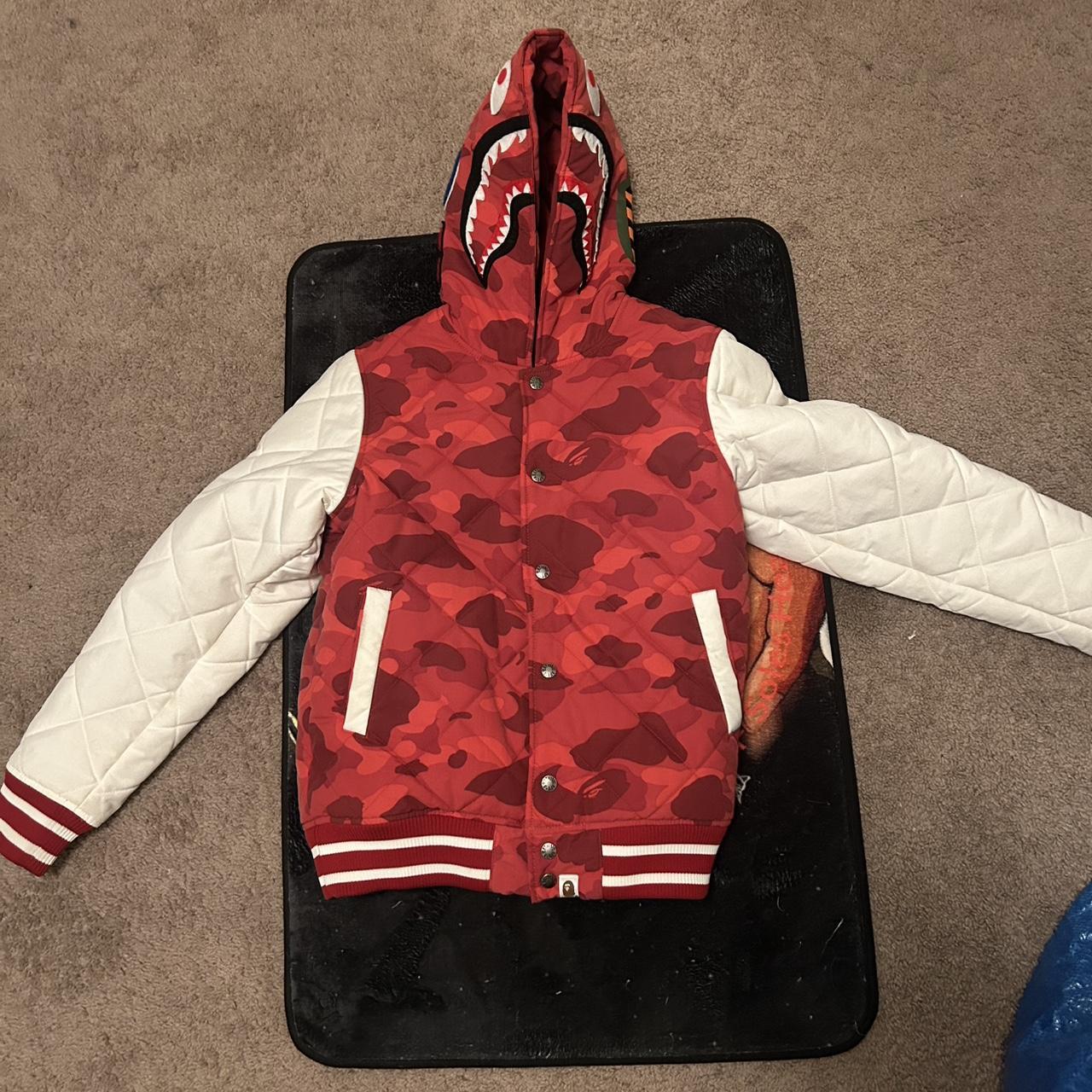 Red and white BAPE varsity jacket Rare piece - Depop