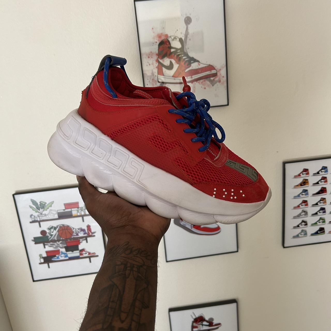 Versace Chain Reaction red and white trainers... | Depop
