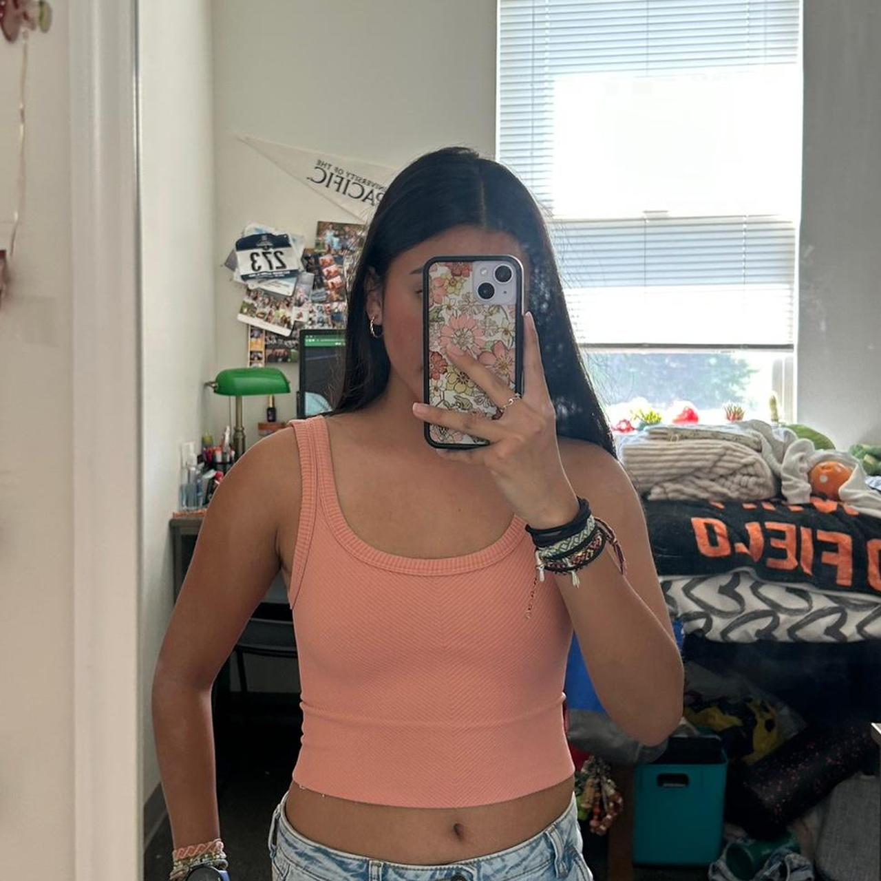 Soft salmon pink ribbed tank top, no brand or size... | Depop