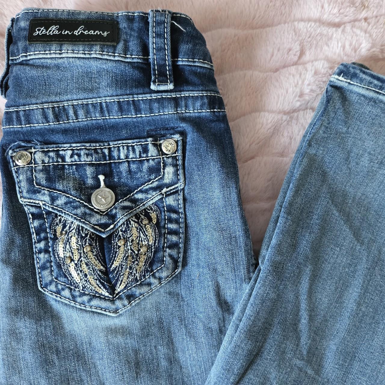 Stella Angel Wing, bedazzled, lowrise, flared blue... | Depop