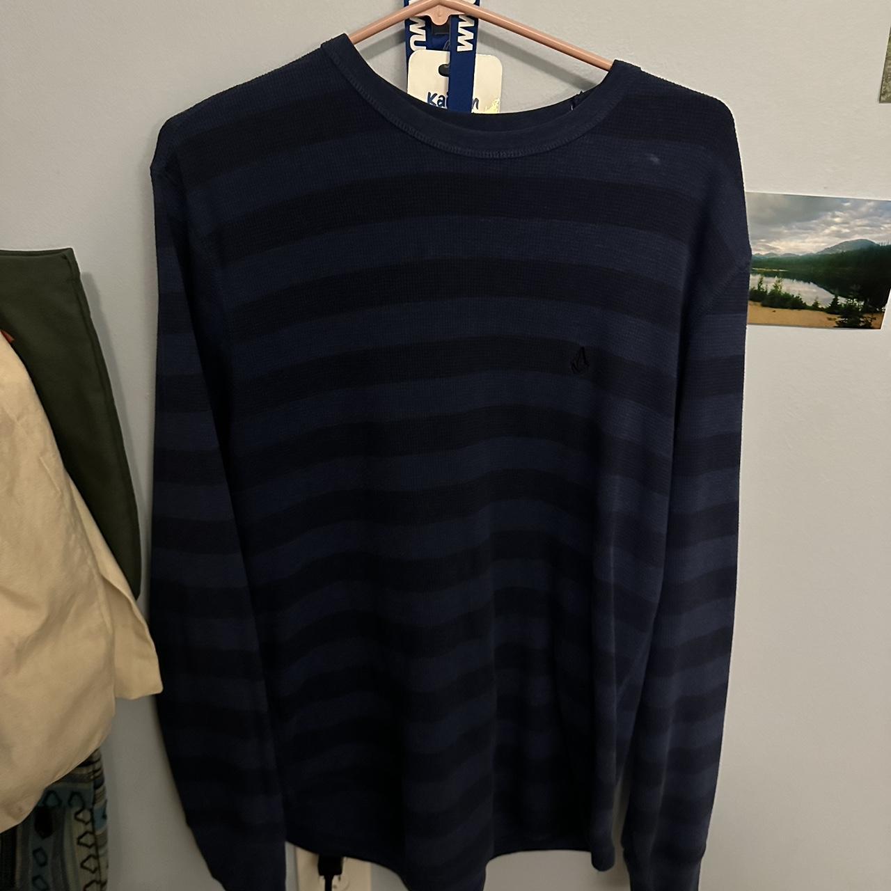 navy blue striped volcom knit long sleeve unisex... - Depop