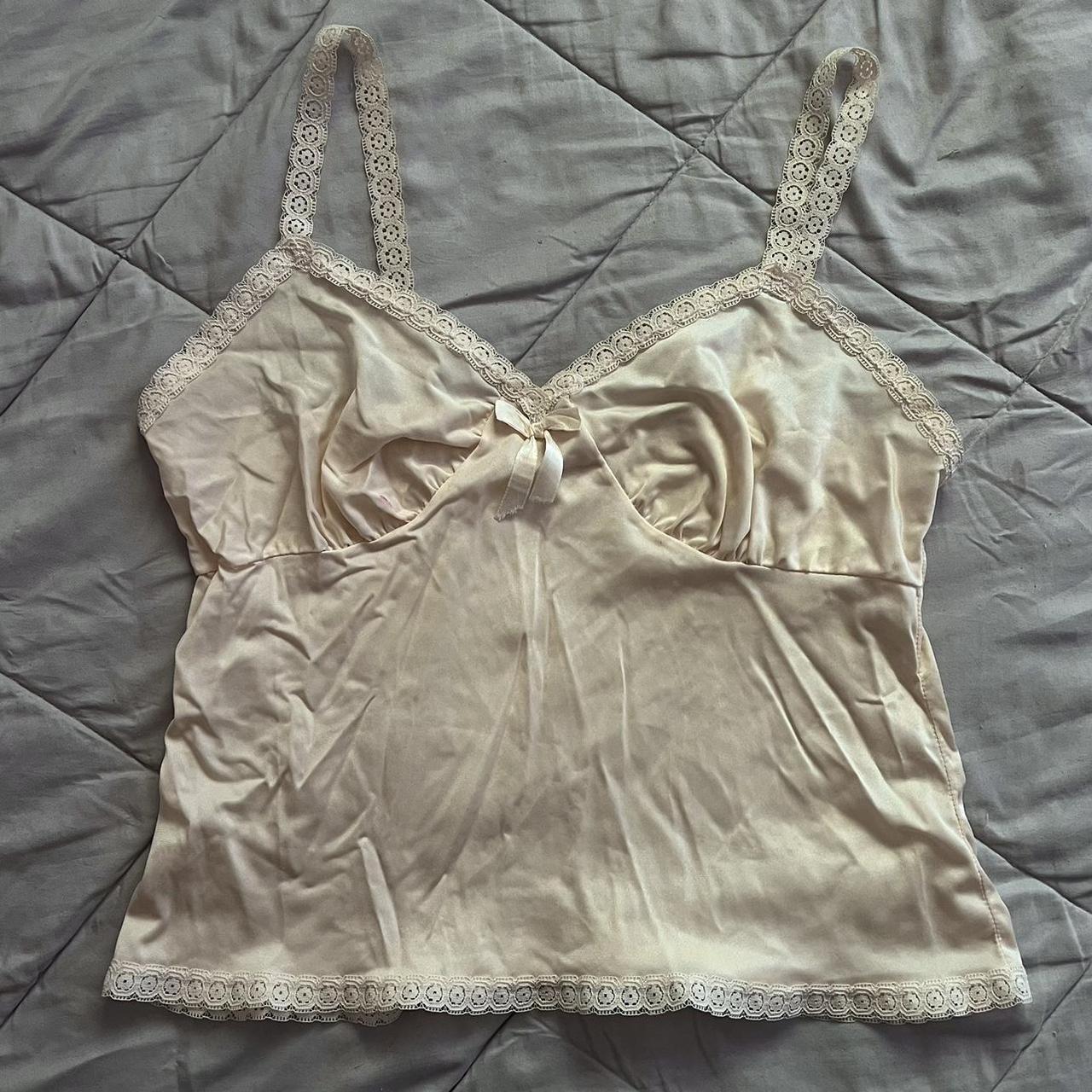 adorable cream lace cami top with a bow in the... - Depop