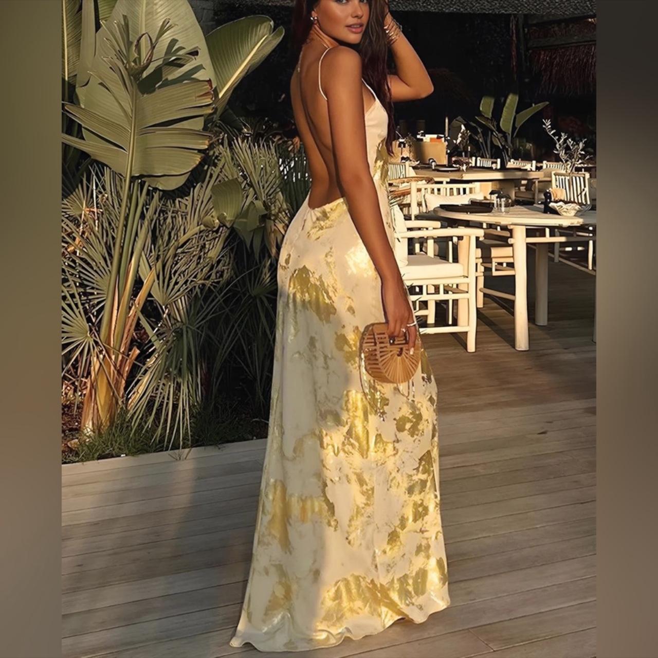 Commense Revolve Backless Gold Dress Strappy Maxi... | Depop