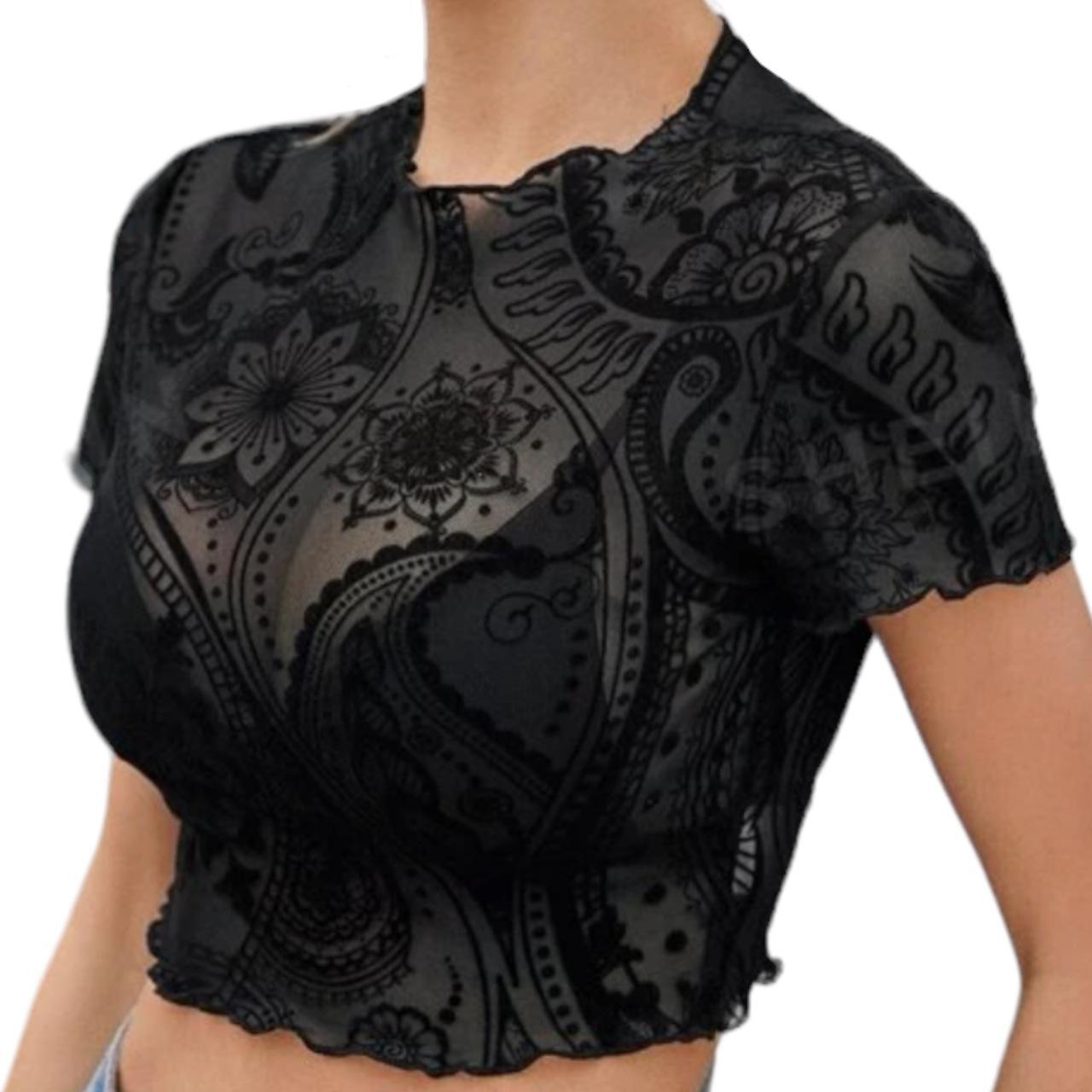 Black mesh cropped top ~ Short Sleeve * Available... - Depop