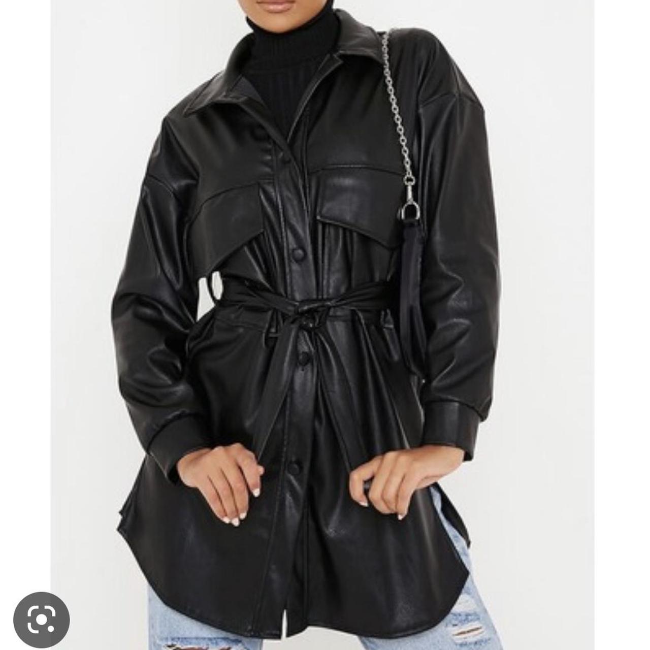 Black faux leather belted Shacket / over shirt /... - Depop