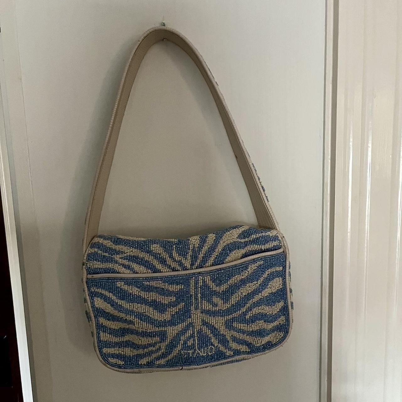 Blue and cream zebra beaded Staud Tommy bag. Has... - Depop