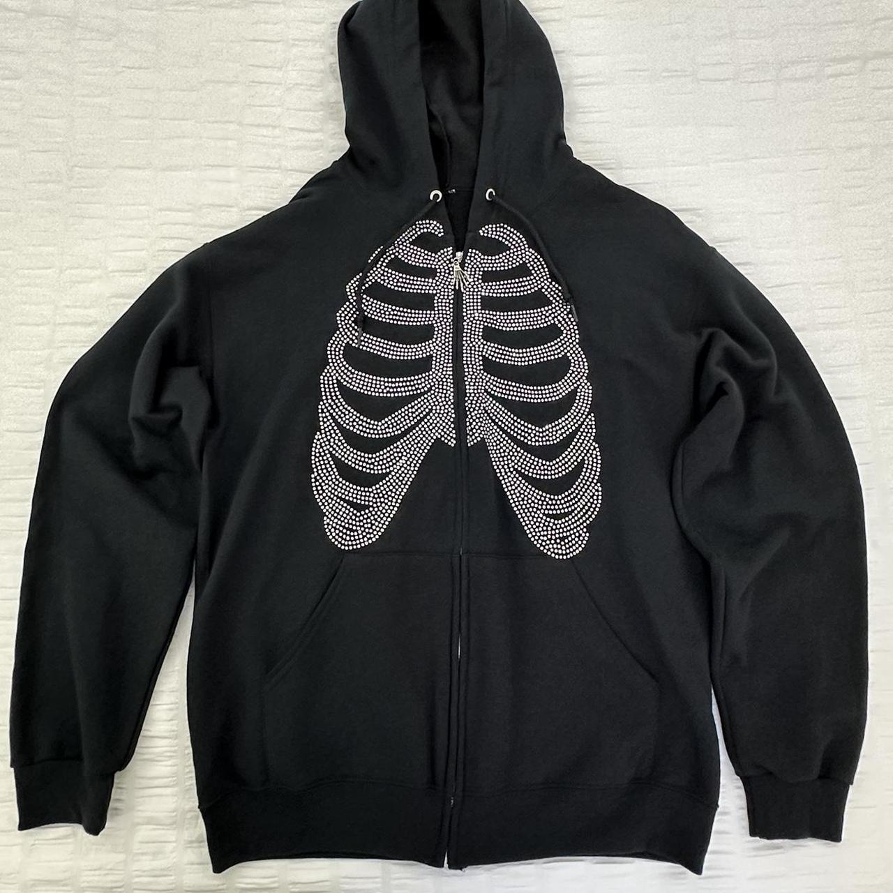 Vintage Rhinestone Rib Cage Skeleton Zip Up... - Depop