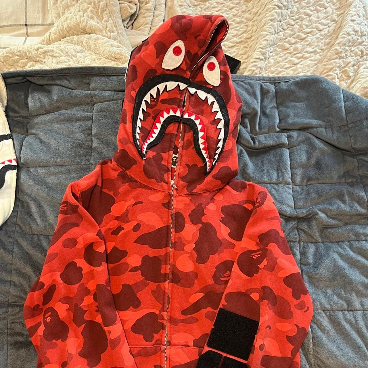 Red BAPE Shark Hoodie removable velcro patches #BAPE... - Depop