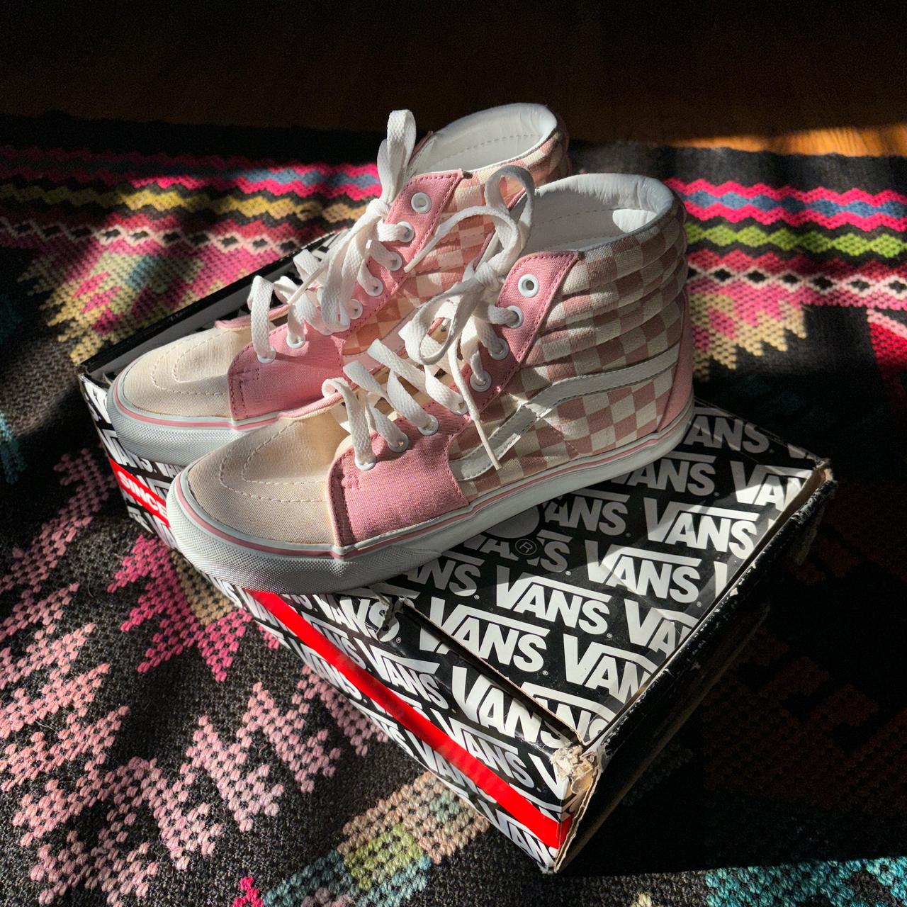 Pink and White Checkered High Top Vans •size: 9... - Depop