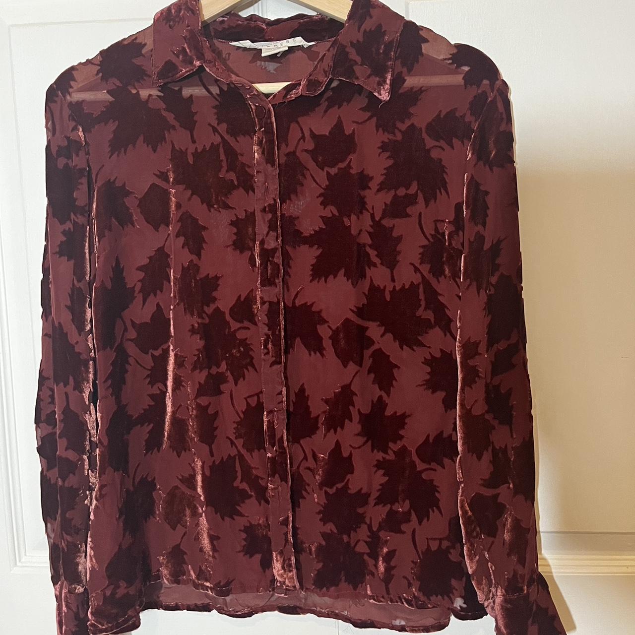 Sheer fall button up #fall #velvet #mapleleaves... - Depop