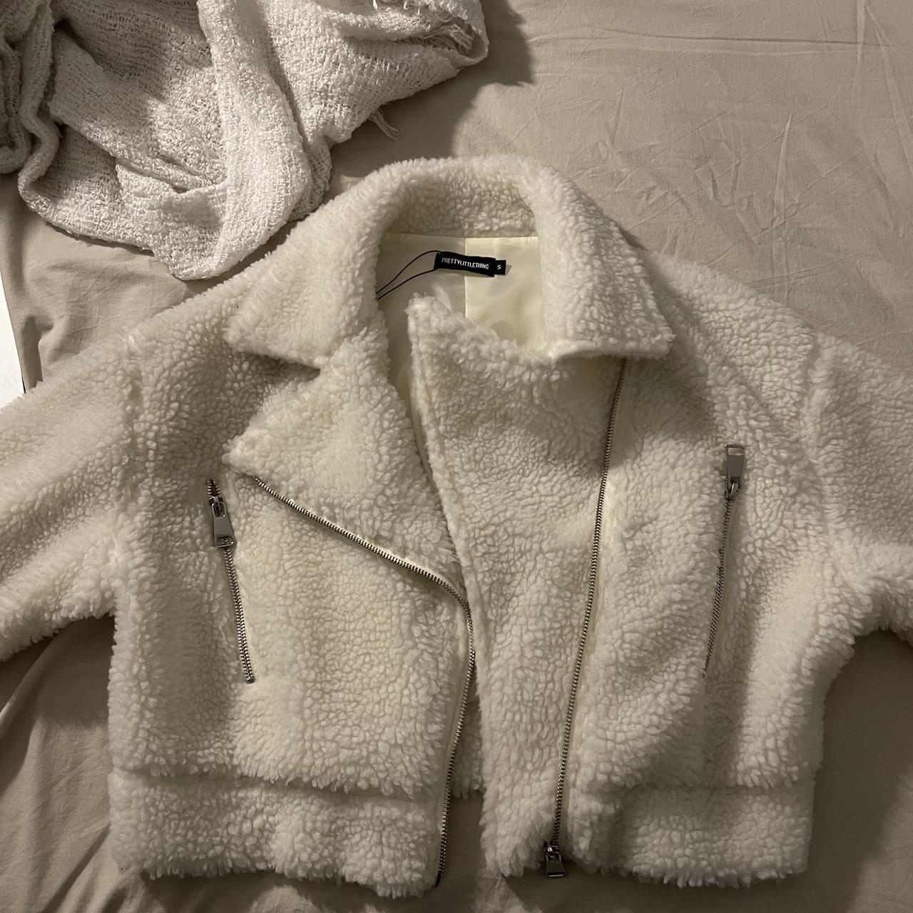 small cream cropped teddy biker jacket - Depop