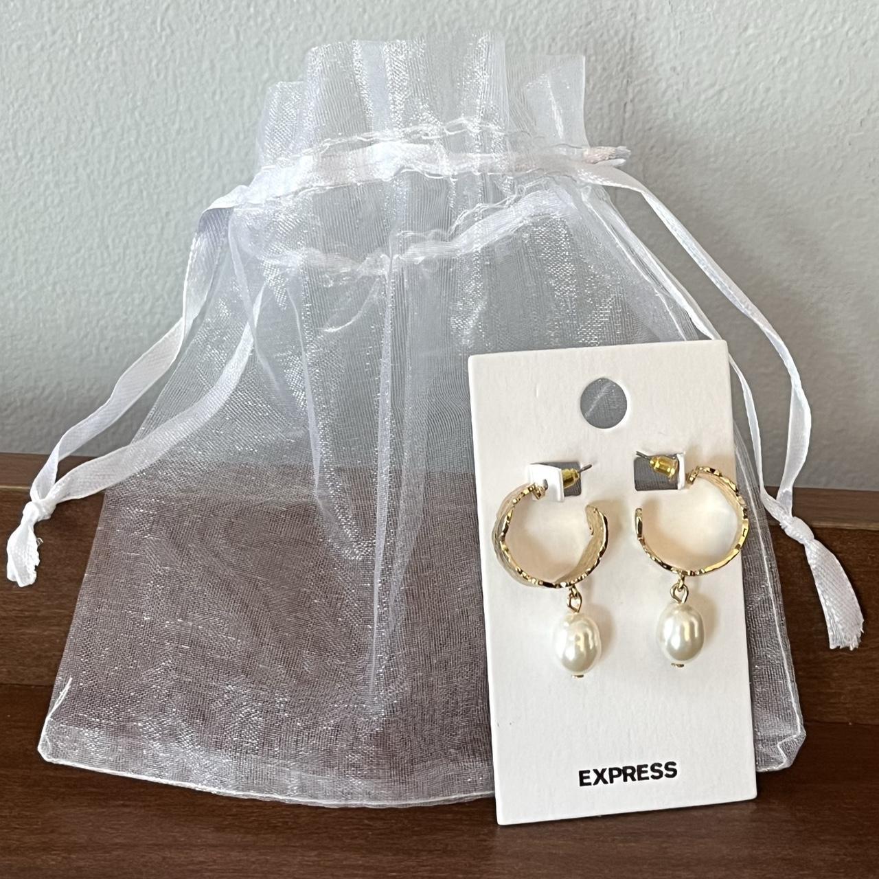 Express Hammered Gold Hoop Earrings with Pearl... - Depop