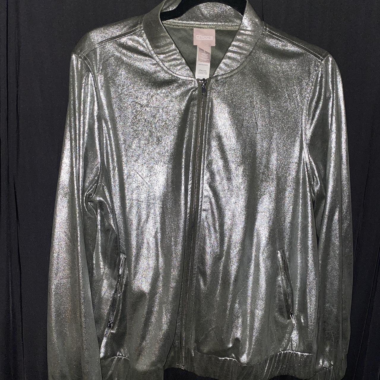 unique silver bomber jacket has a metallic faux... - Depop