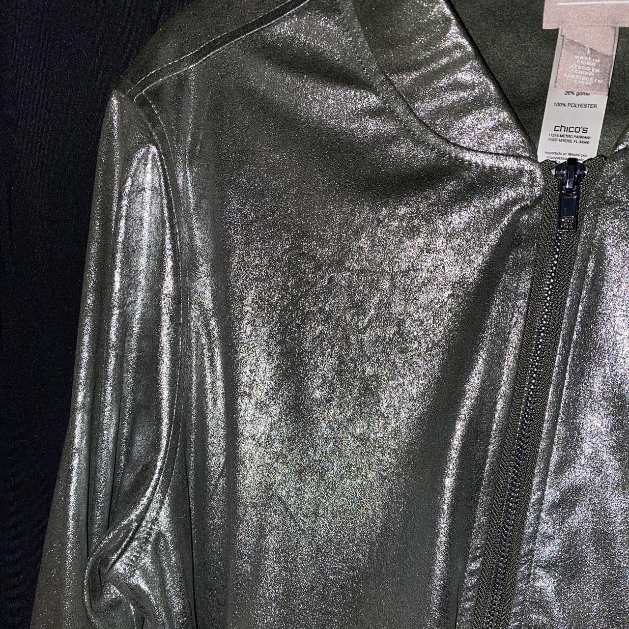 unique silver bomber jacket has a metallic faux... - Depop
