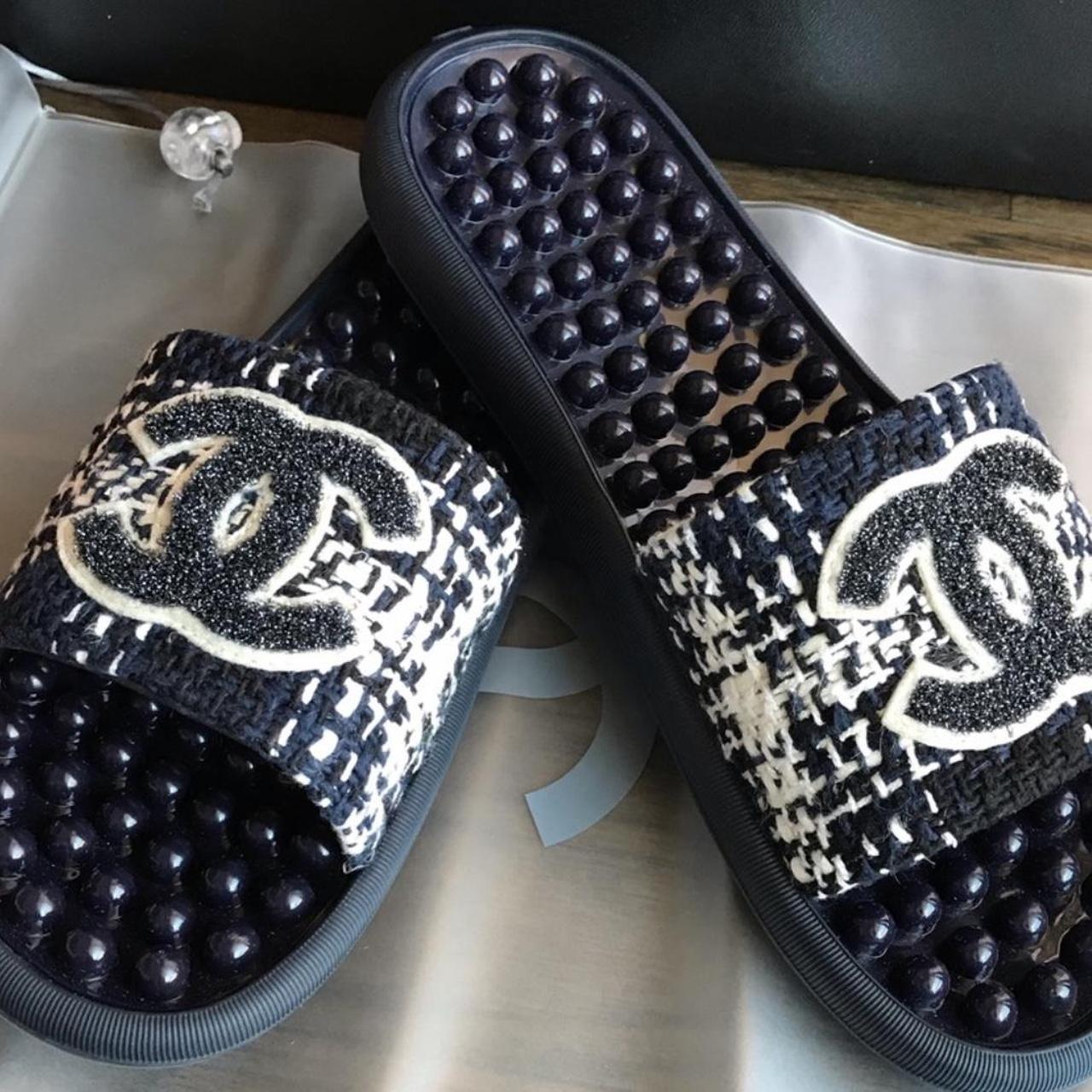 Chanel Slides Sandals Navy/White Tweed Size 38/US... | Depop