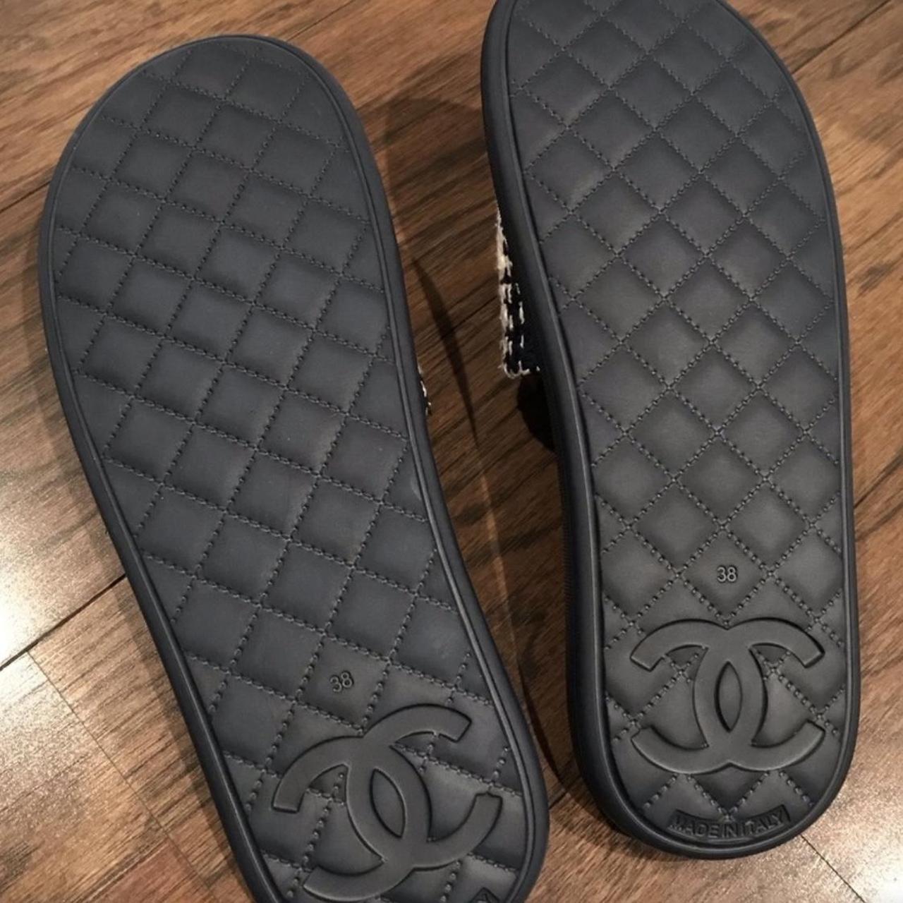Chanel Slides Sandals Navy/White Tweed Size 38/US... | Depop