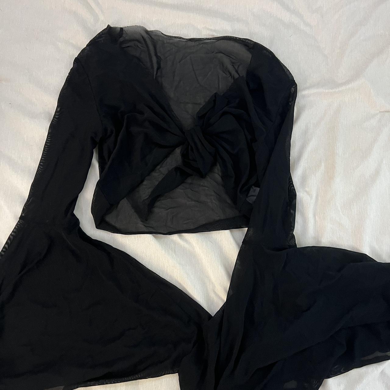 Black sheer long sleeve crop top with a tie... - Depop
