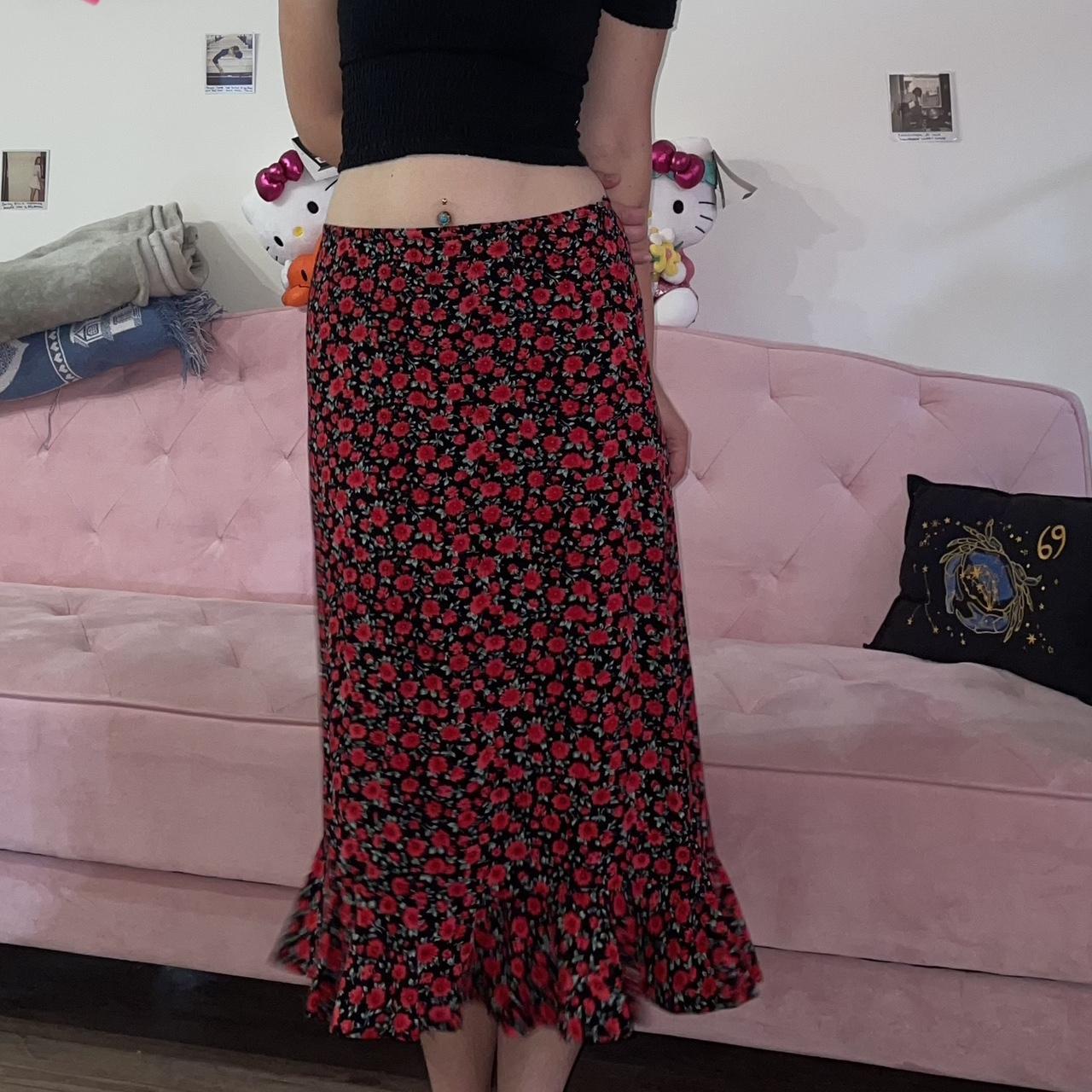 christopher & banks floral midi skirt - ruffled... - Depop