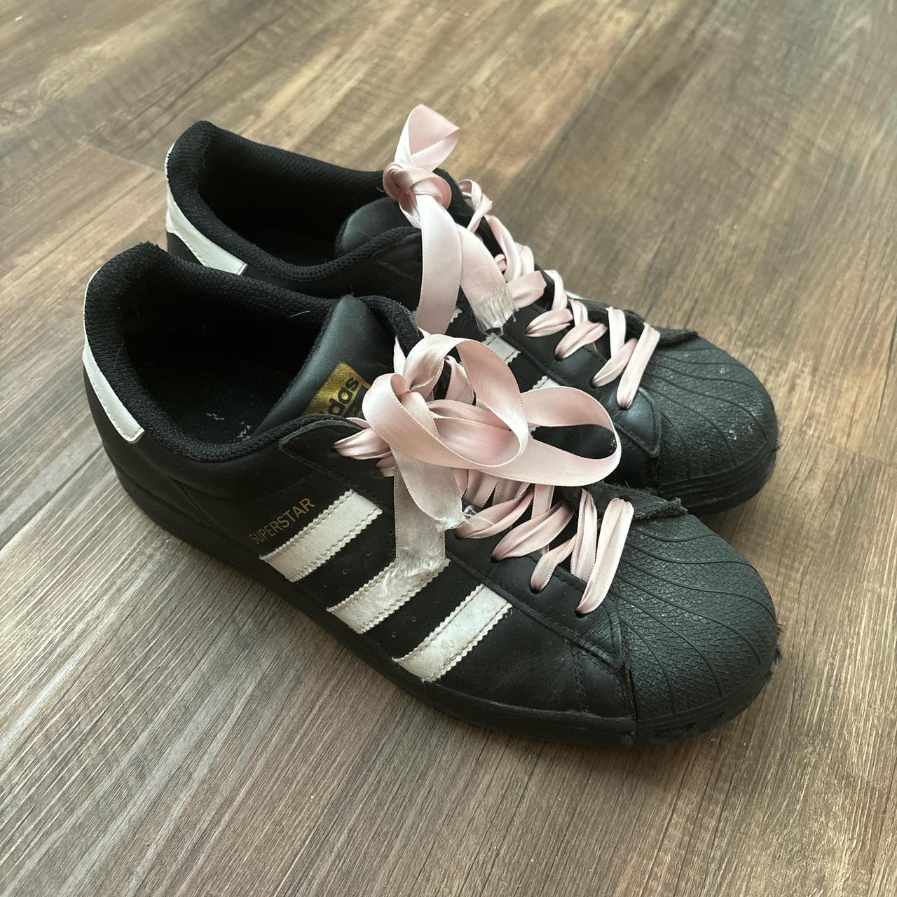 Black adidas superstars with pink ribbon laces Good... - Depop