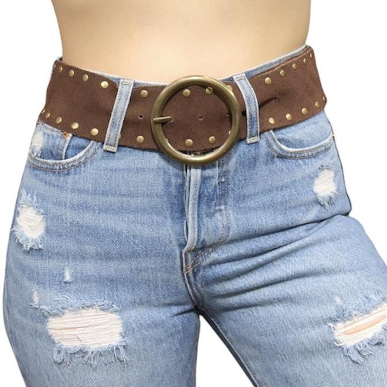 Leather Boho Belt, Brown genuine Suede, bronze tone... - Depop