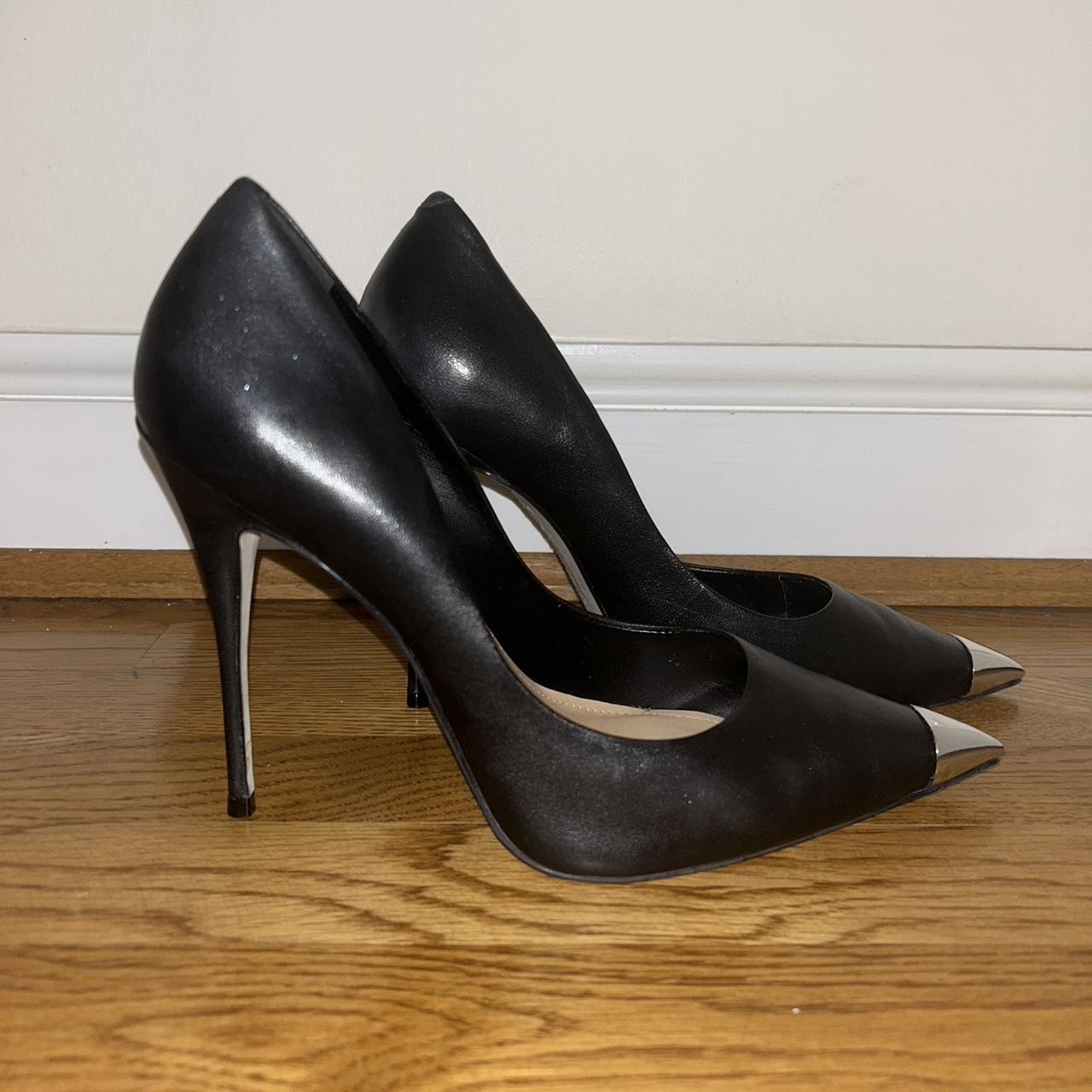 - black 4 inch heels with silver tip - size 10 -... - Depop