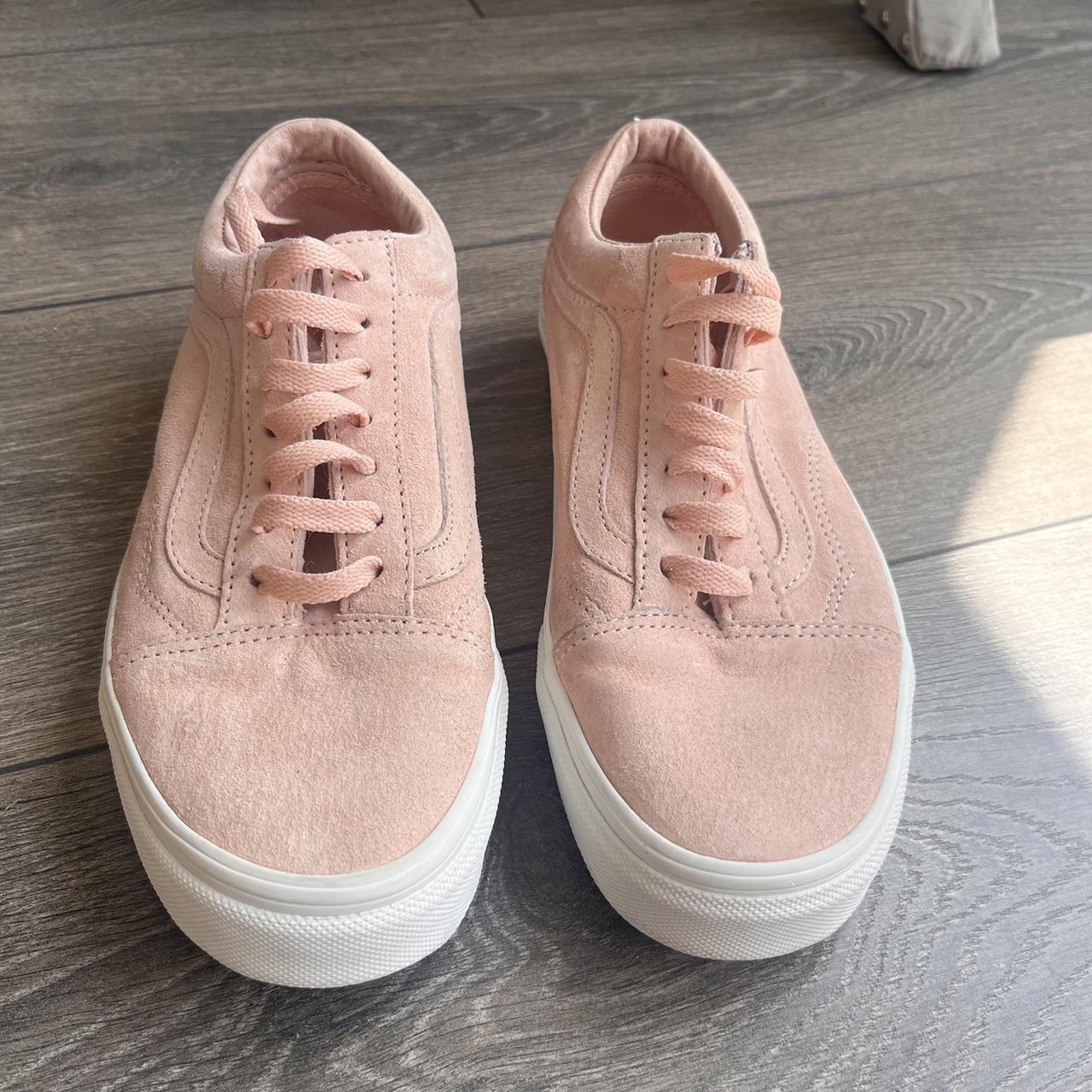 Pink and white Vans trainers. Size UK4. Good... - Depop