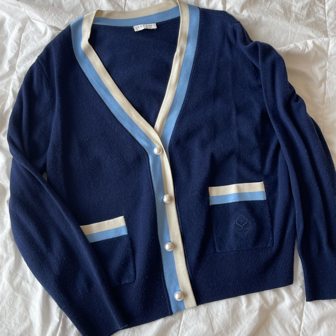 sandro navy cardigan sweater with pearl buttons wool... - Depop