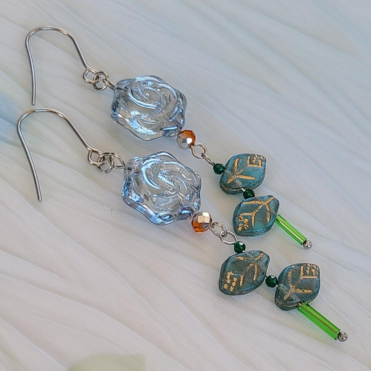 Handmade glass flower branch earrings -Blue glass... - Depop Handmade glass flower branch earrings -Blue glass... - Depop