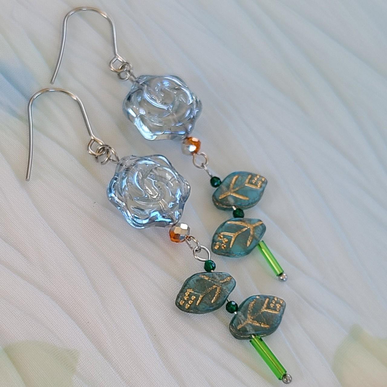 Handmade glass flower branch earrings -Blue glass... - Depop Handmade glass flower branch earrings -Blue glass... - Depop