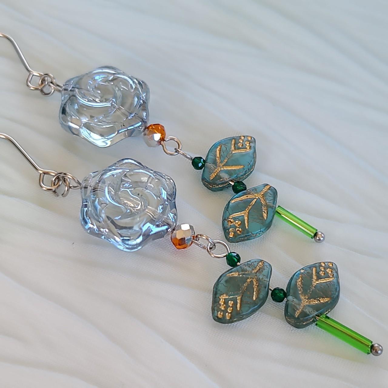 Handmade glass flower branch earrings -Blue glass... - Depop Handmade glass flower branch earrings -Blue glass... - Depop