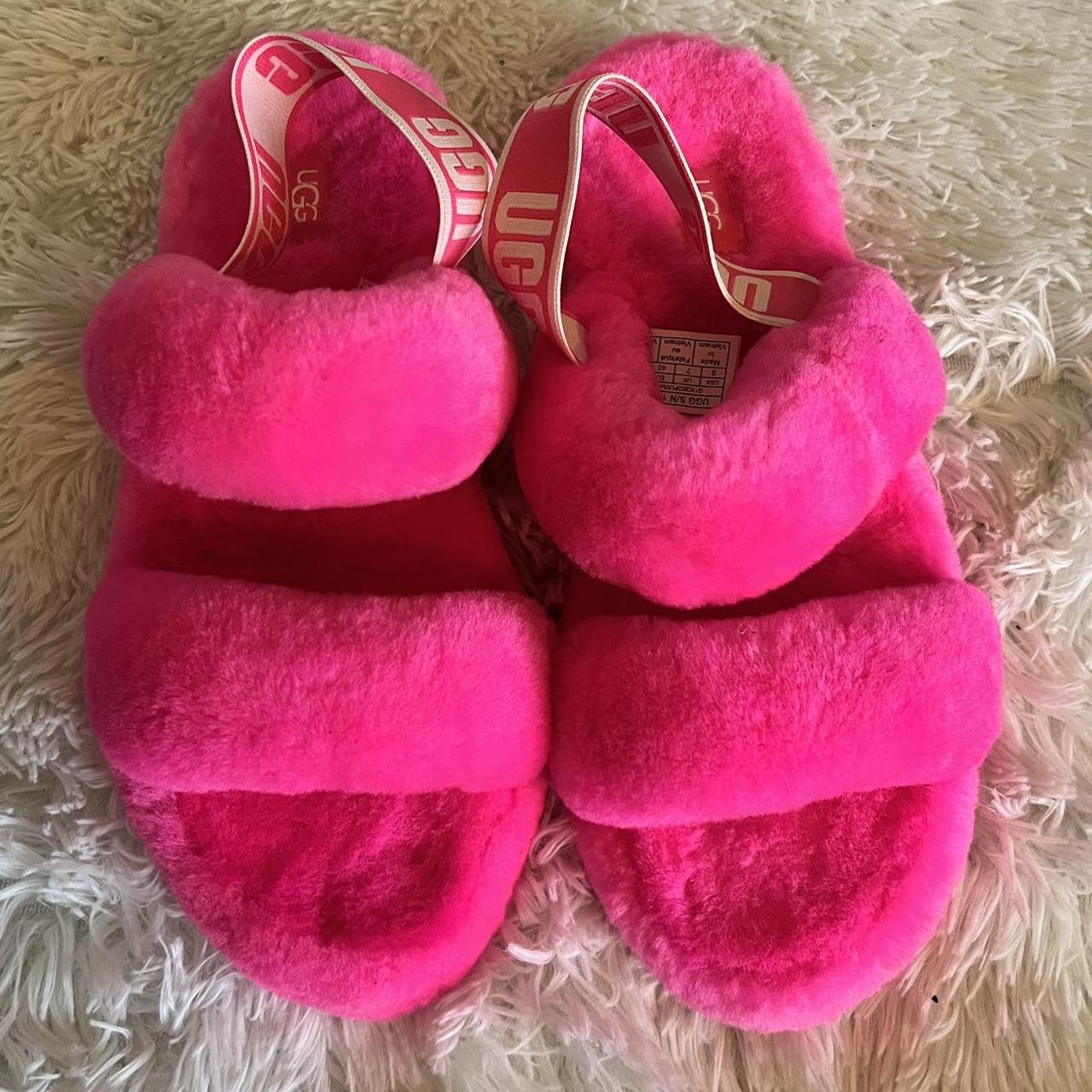 pink fluffy ugg slipper sandals size 9 in great... - Depop