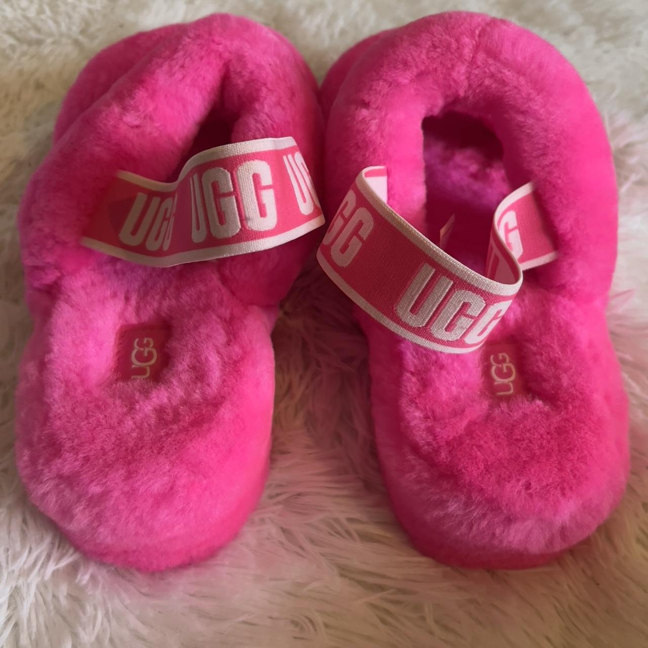 pink fluffy ugg slipper sandals size 9 in great... - Depop