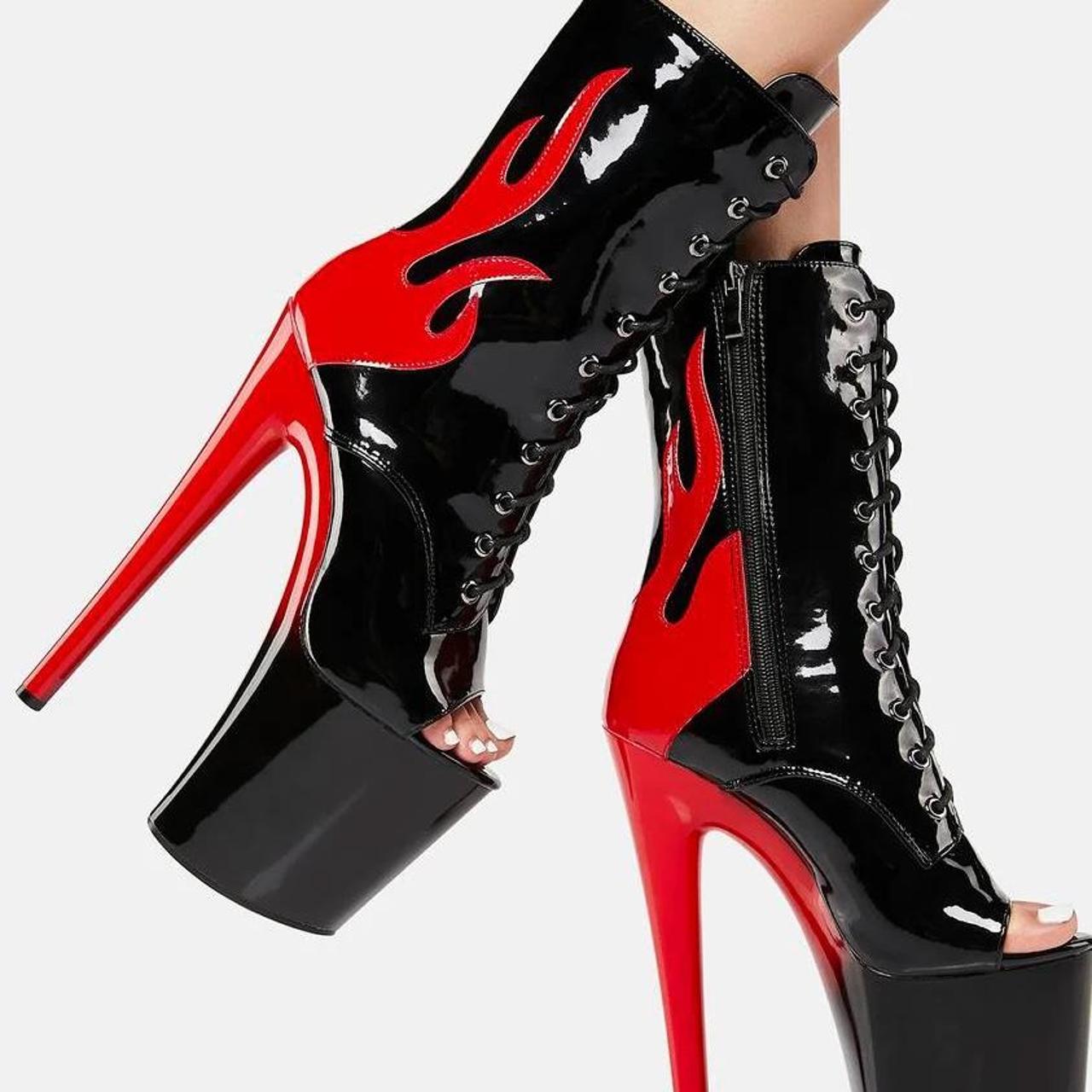 Red hot high heeled booties pleather material with... - Depop