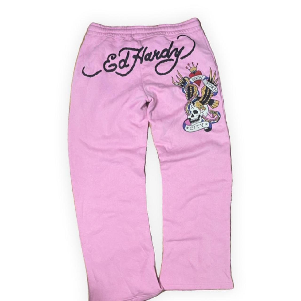 Pink Ed Hardy baggy / wide leg sweatpants with print... | Depop