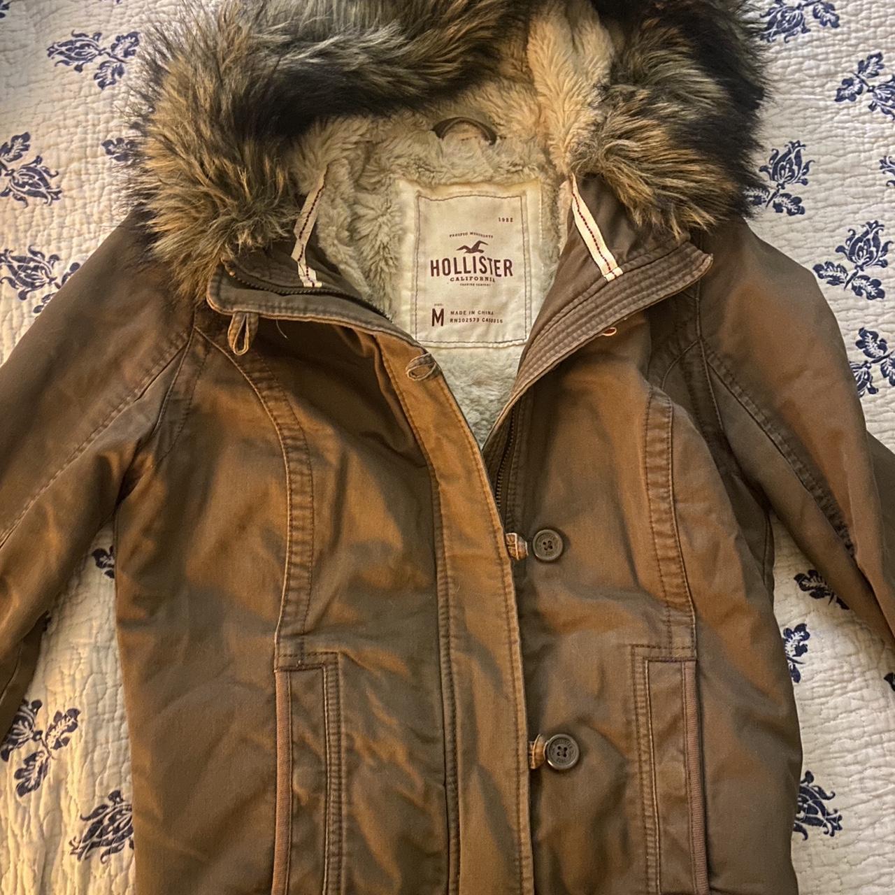 brown hollister fur lined hood jacket reminds me... - Depop