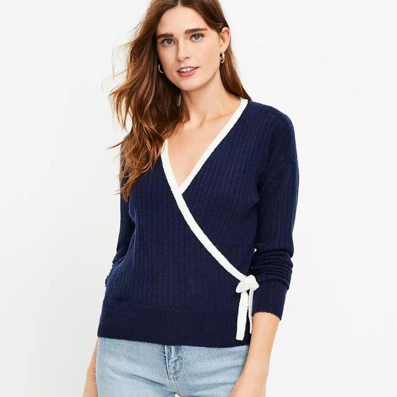 LOFT Women's Tipped Ribbed Wrap V-Neck Sweater Navy... | Depop