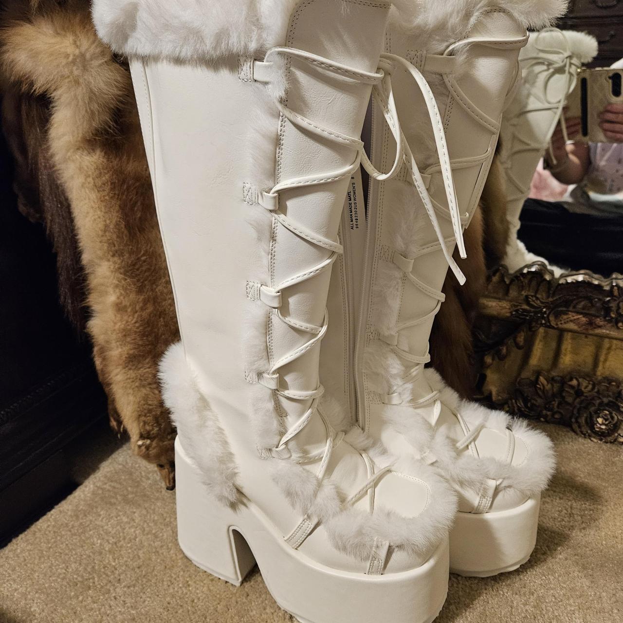 Demonia white faux fur platform boots. Brand new,... | Depop