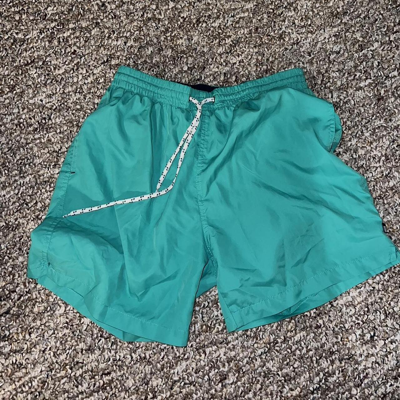 Vintage Turquoise swim trunks with adjustable... | Depop