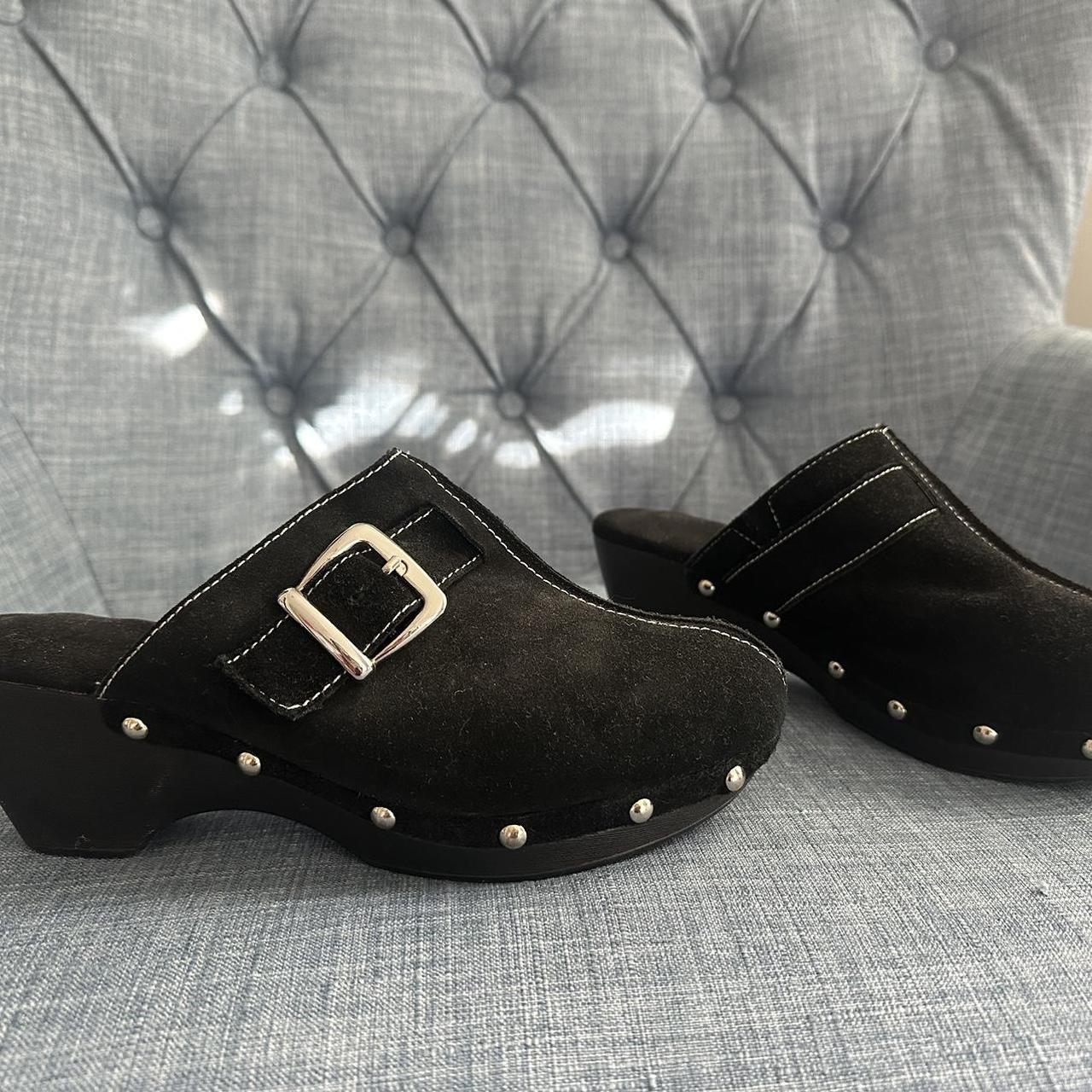 vintage black clogs • size 9 • silver buckle and... - Depop