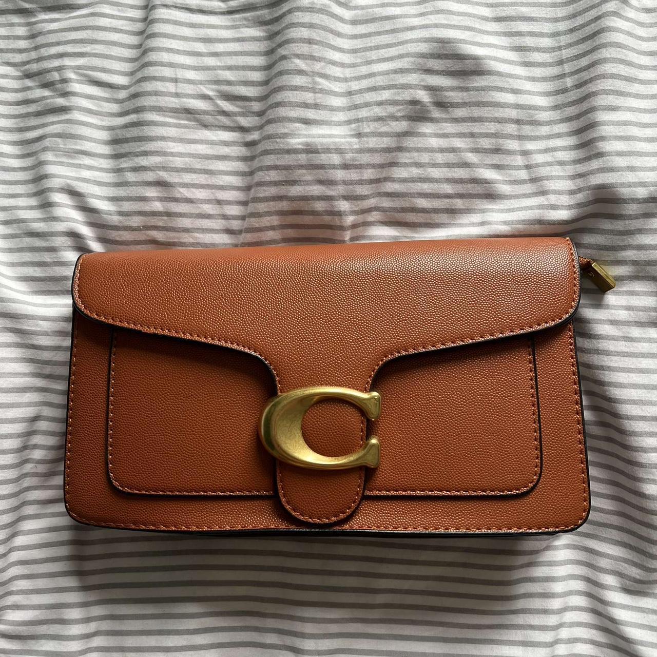Faux leather C bag gold logo and brown leather... - Depop